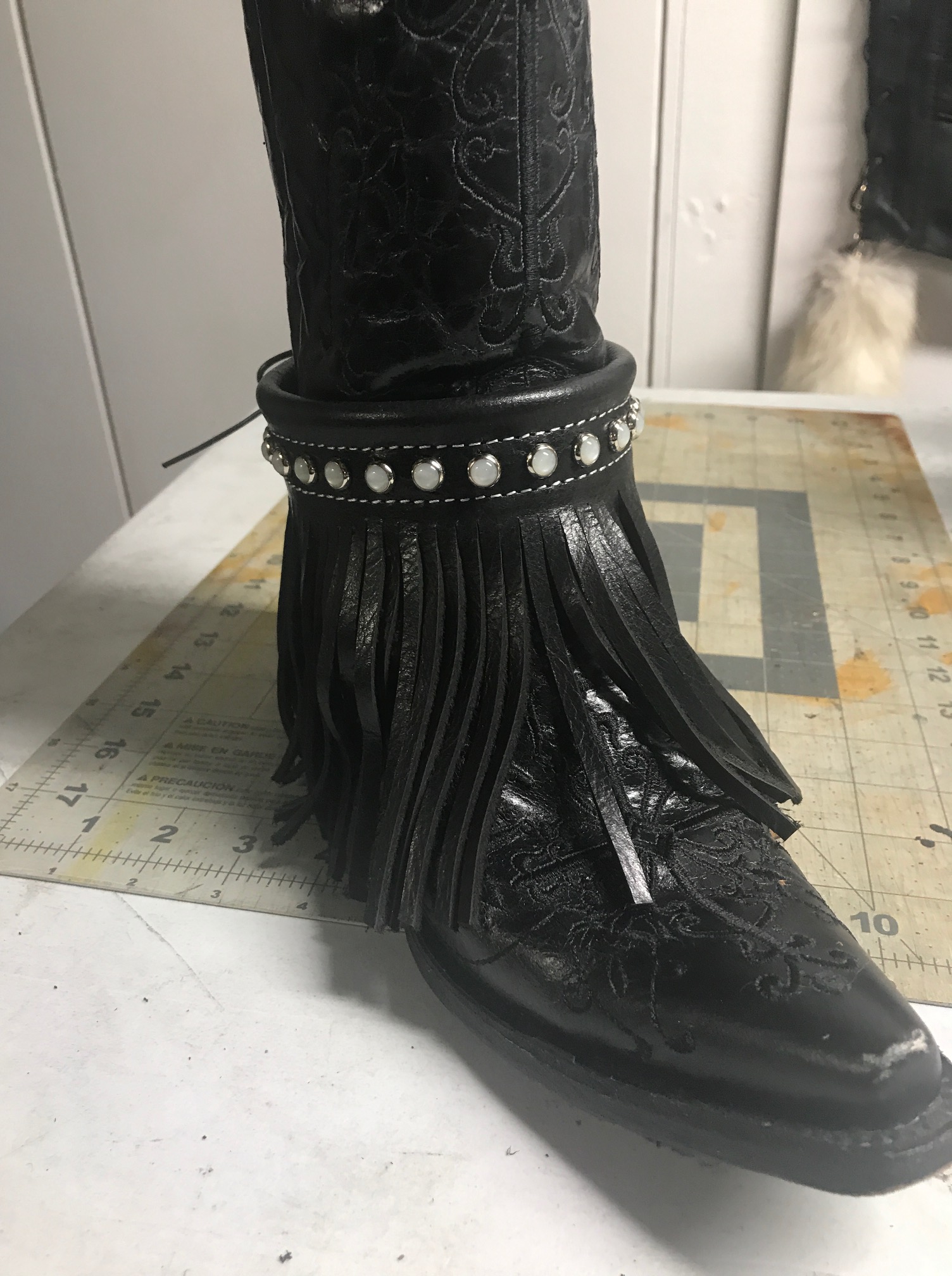 Black Leather with Mother of Pearl Boot Chaps - Native American Motorcycle